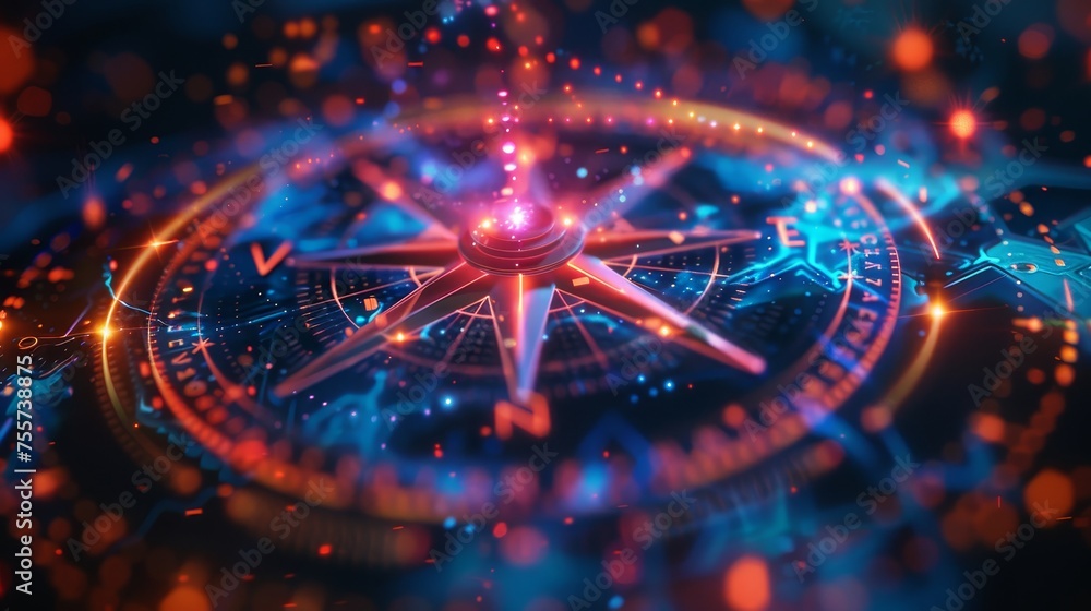 A central compass surrounded by neon glow and digital elements ...