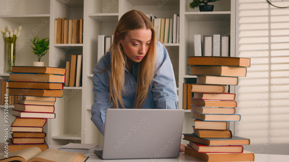 Multitasking busy standing Caucasian pupil high school student girl ...