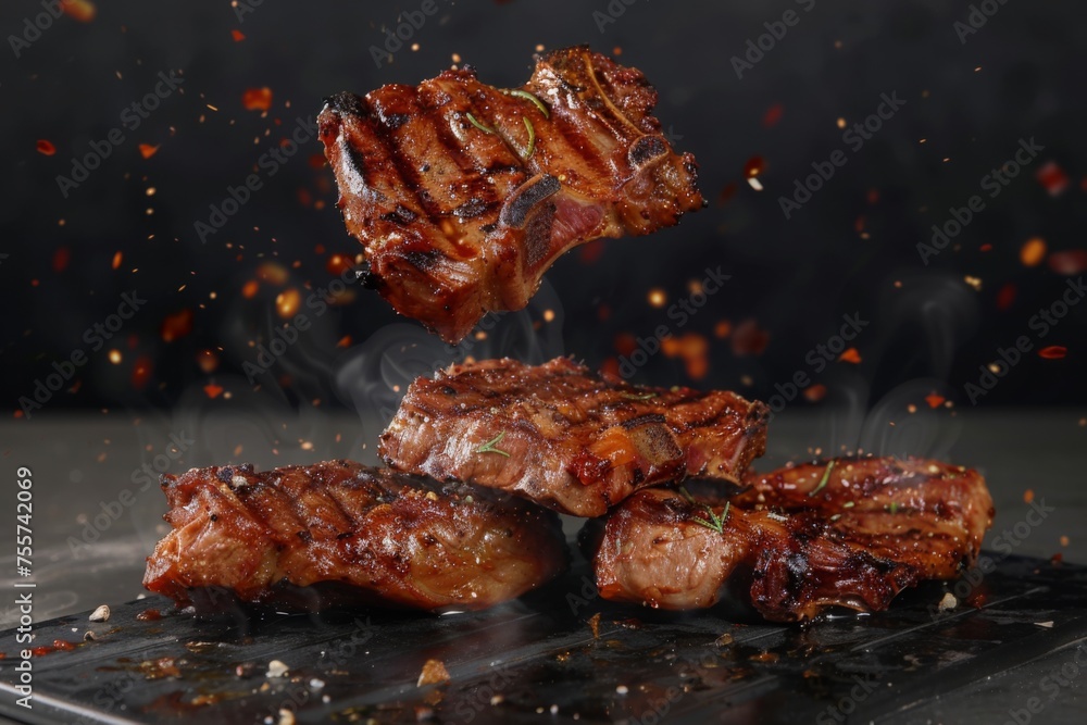 Grill Pork Chops steaks. realistic 3d brisket flying in the air ...