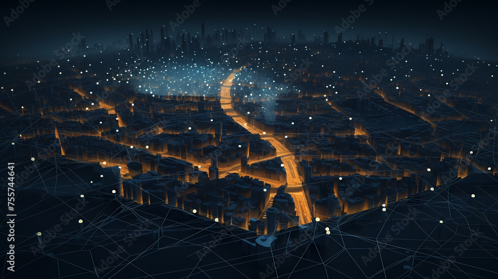 City plan with glowing city map and infrastructure grid, city map ...