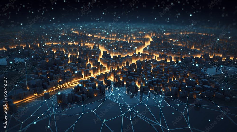 City plan with glowing city map and infrastructure grid, city map ...