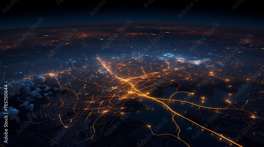 City plan with glowing city map and infrastructure grid, city map ...