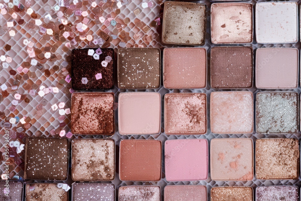 Elegant background with a mosaic of square eye shadow palettes in soft ...