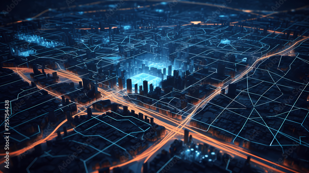 City plan with glowing city map and infrastructure grid, city map ...