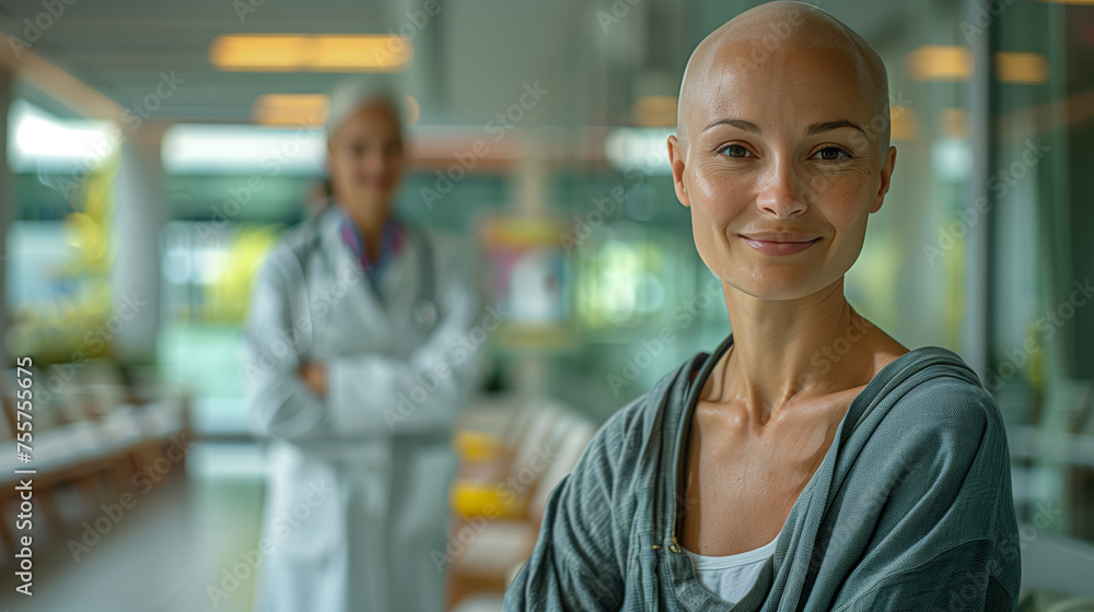 Woman with cancer in hospital. Hopeful women cancer patient sits in a ...