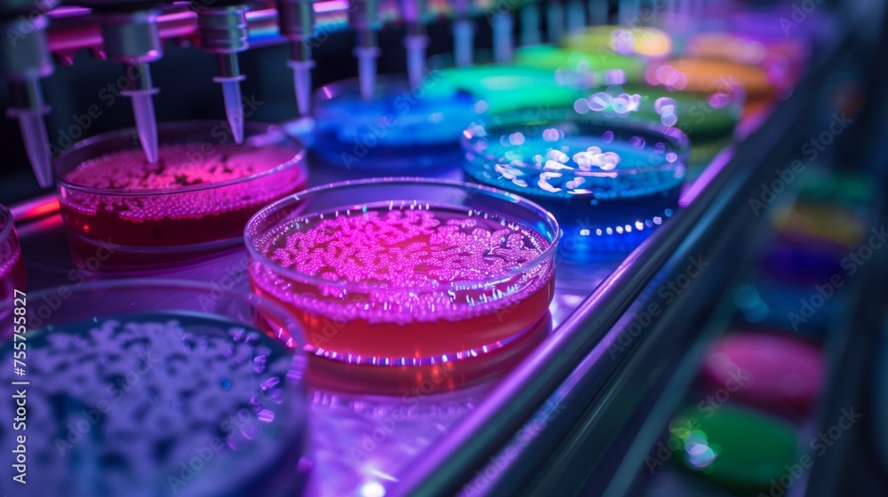 Petri Dish Samples. Vibrant array of petri dish samples illuminated ...