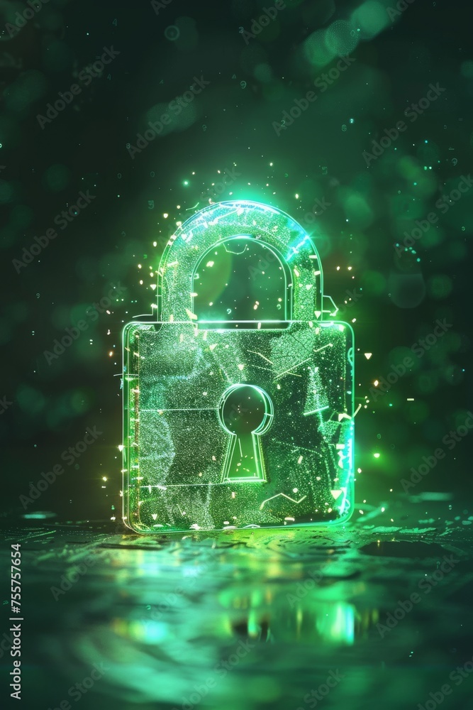 Bright green glowing digital lock for secure cyber data. Futuristic ...