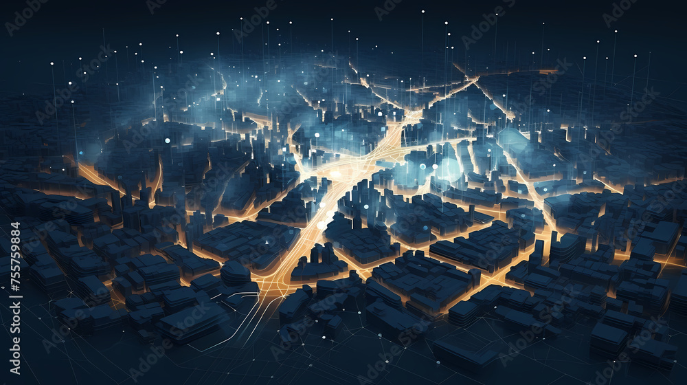 City map illustration, visualization of interconnected nodes in ...