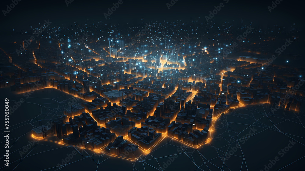 City map illustration, visualization of interconnected nodes in ...