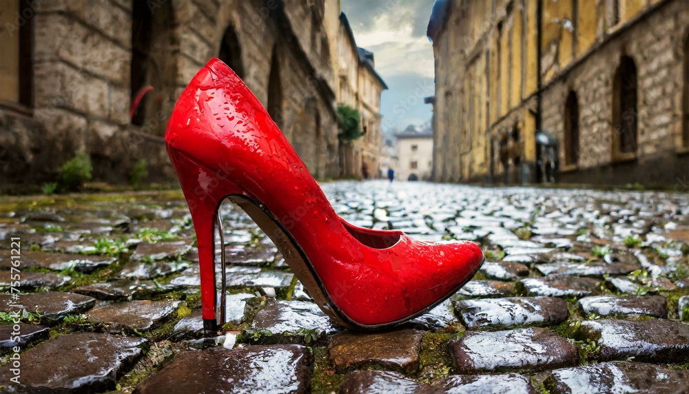 Close-up of a red high-heeled shoe abandoned on a city street, on a ...