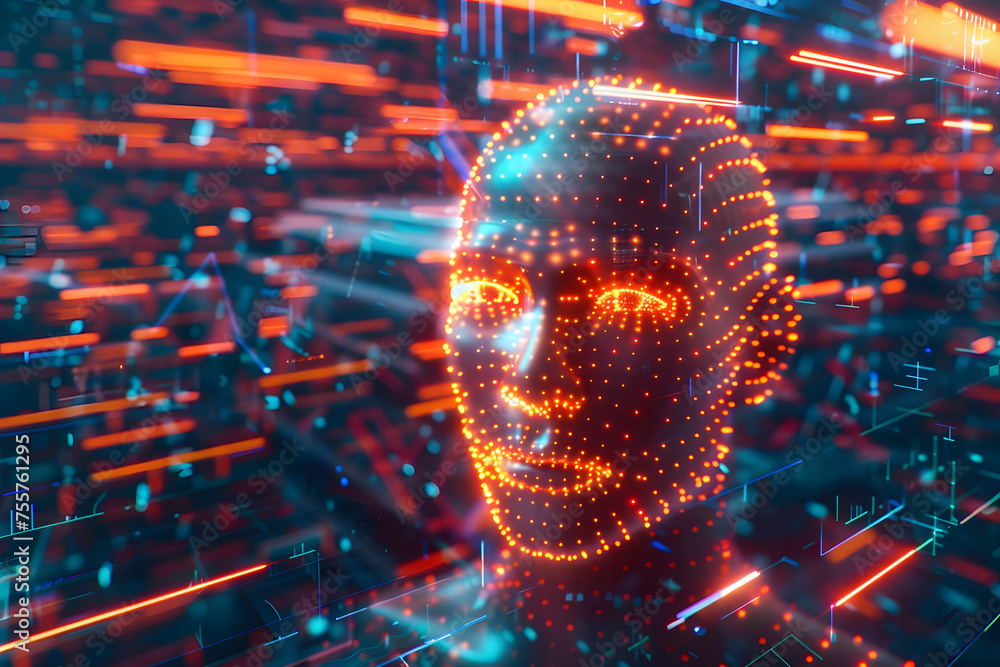 Female face with matrix digital numbers artifical intelligence AI theme ...