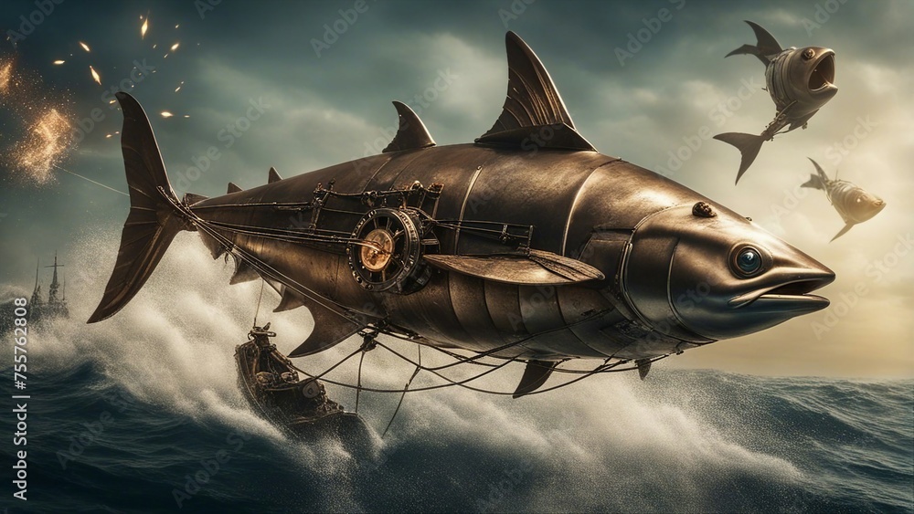 fish in the water A dynamic scene of a steampunk tuna fish, with wires ...
