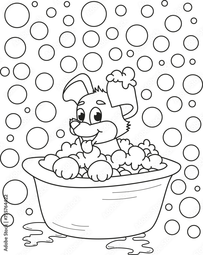 Coloring page outline of cartoon smiling cute little dog taking a bath ...
