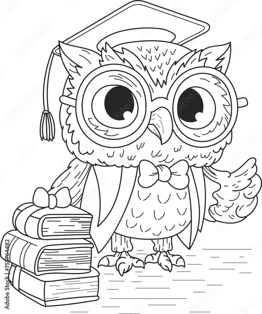 Coloring page outline of cartoon smiling cute owl professor with books ...