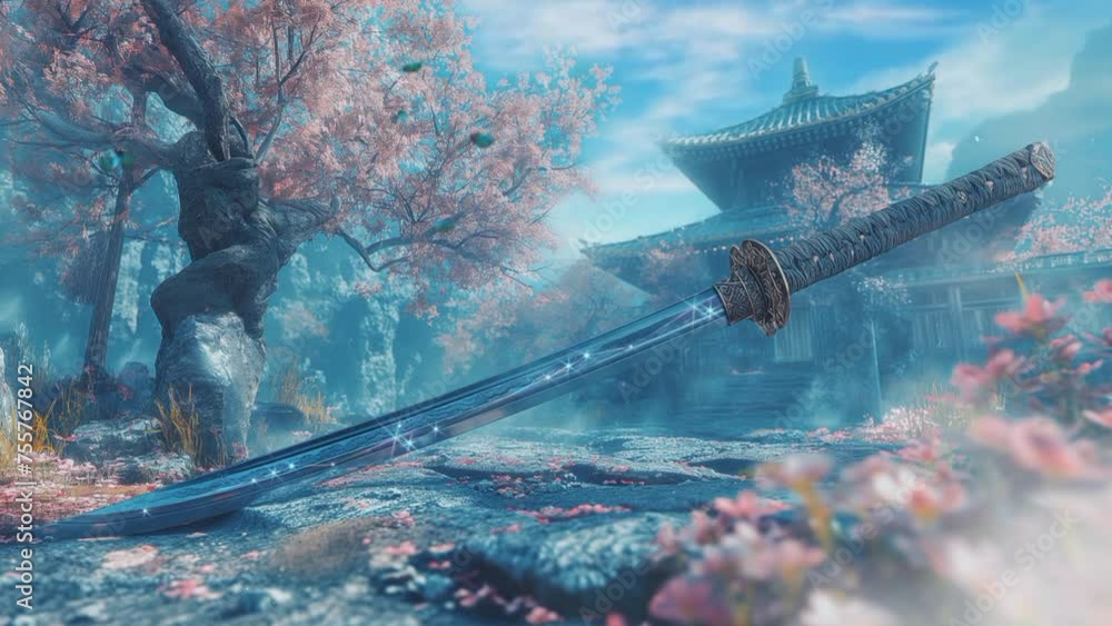 Traditional samurai sword display against a back drop of blooming ...