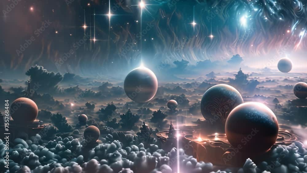 Video animation of mystical, where balls float amidst clouds under a ...