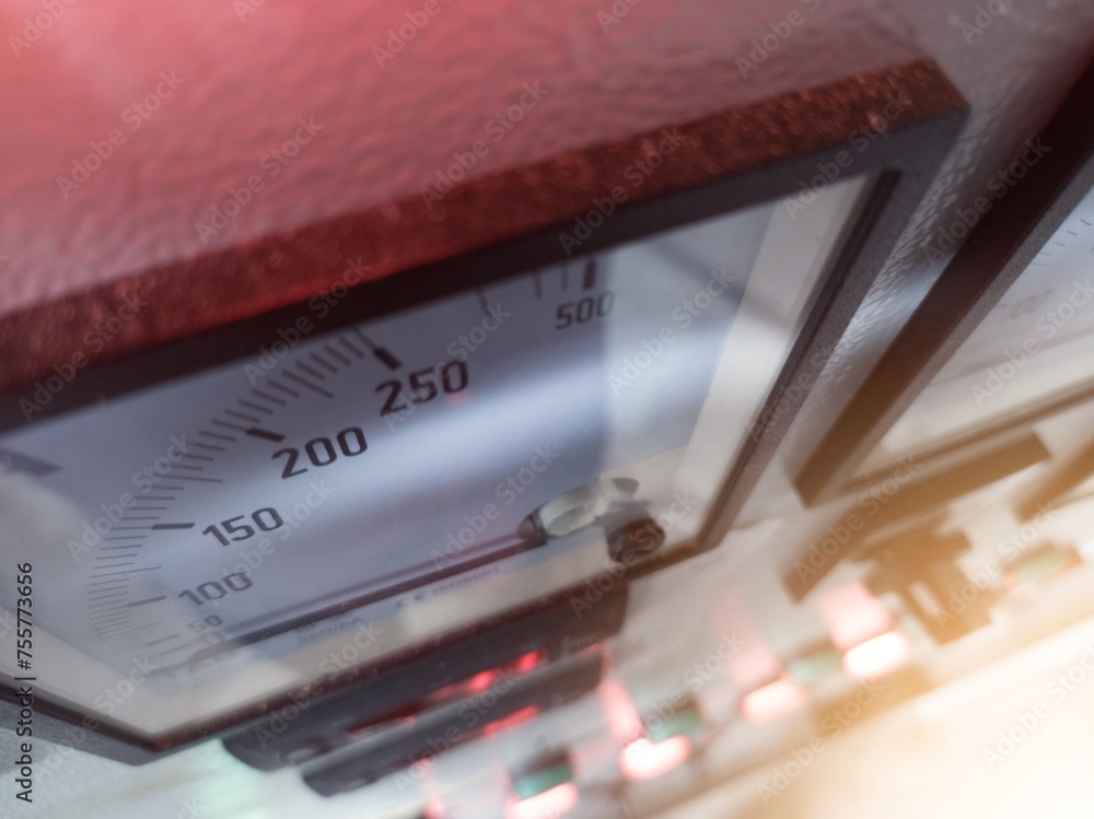 Analog Amper meter , scale of current measurement on the top view ...