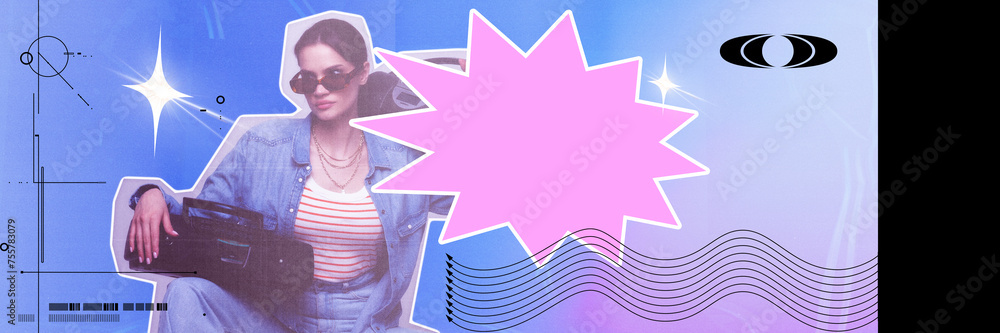 Woman in denim jacket with boombox, styled with geometric and abstract ...