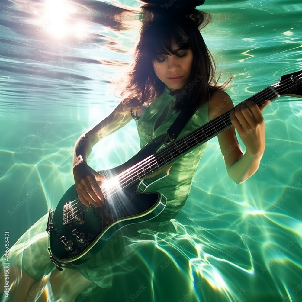 young woman Underwater long hair ginger tattooed young musician with ...