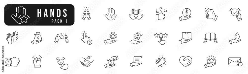 Set of hands line icons pack 1. Point, finger, book, handshake ...