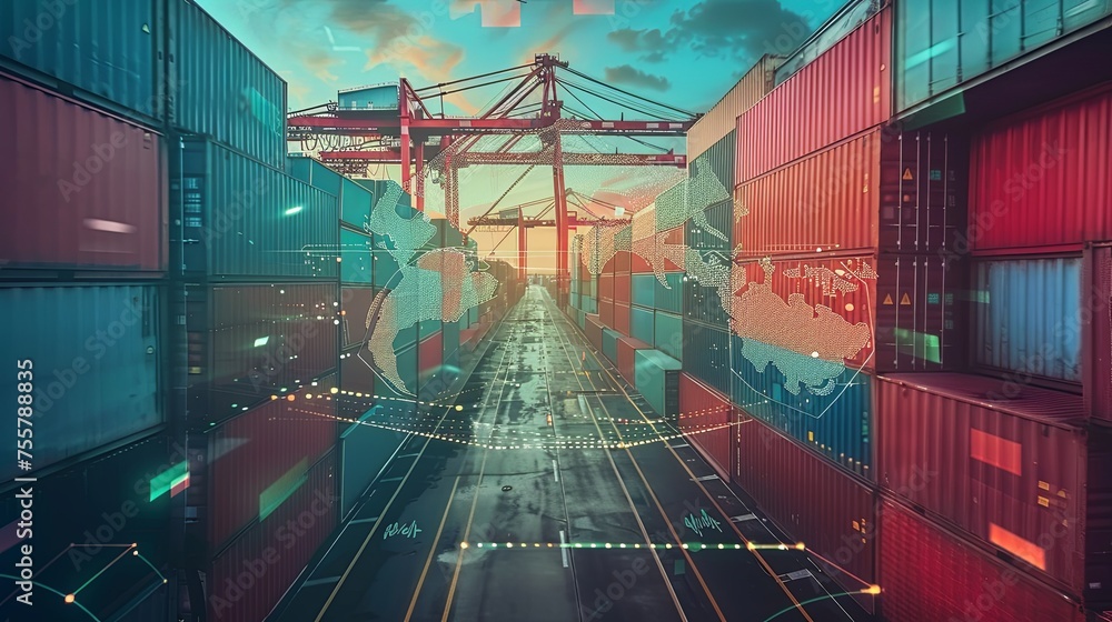 ภาพประกอบสต็อก Futuristic Shipping Container Terminal with Global ...