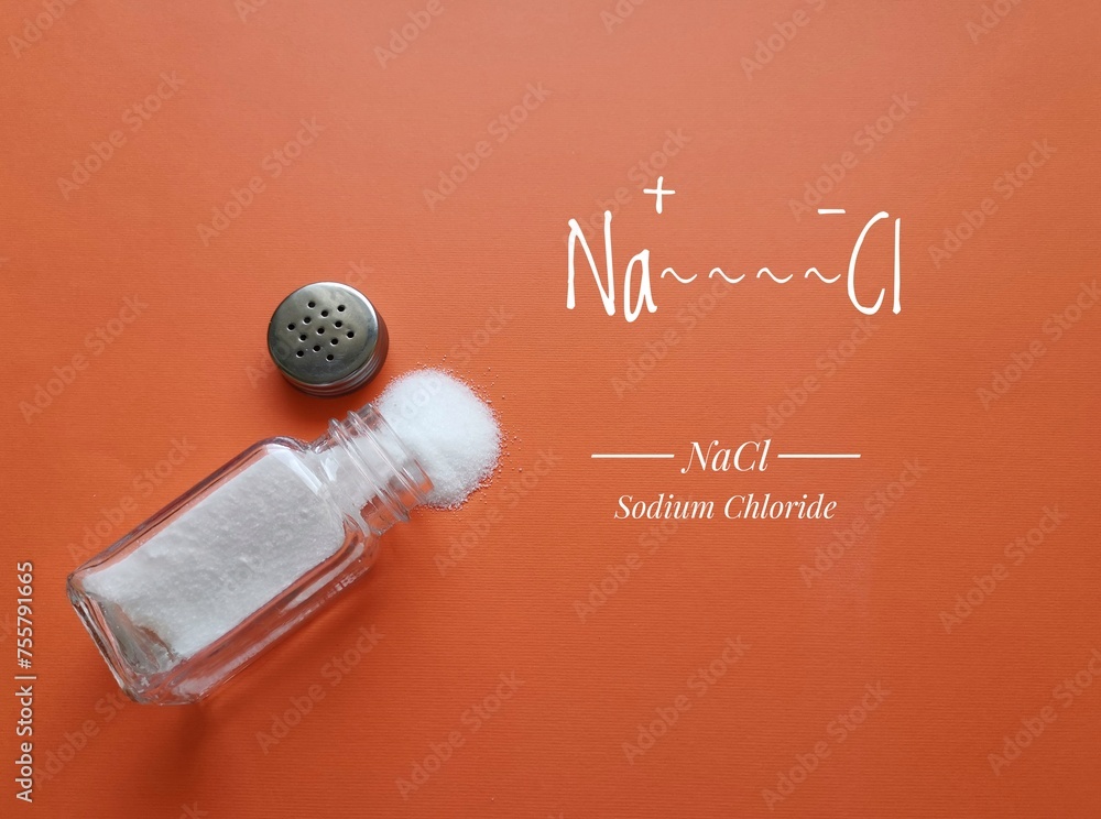 Structural chemical formula of sodium chloride molecule with glass salt ...