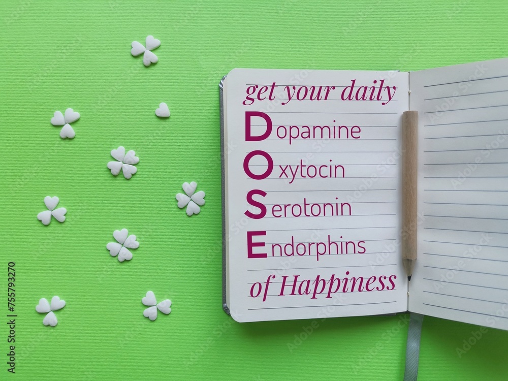 Happy brain chemicals written on a sheet of paper with decorations in ...