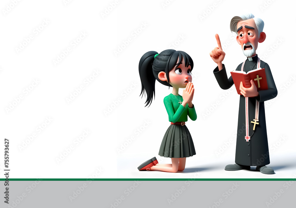 3D digital caricature illustration of young woman in fervent prayer ...