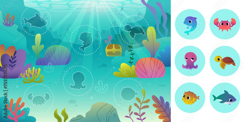 Cartoon board game with sea animals. Cute vector game set with ocean ...
