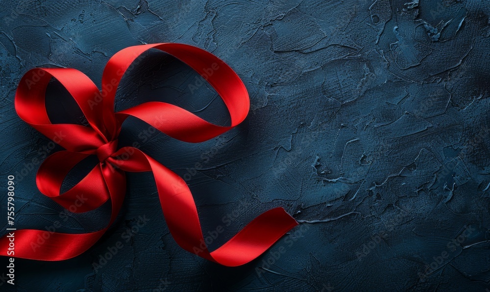 Against a backdrop of deep navy blue, a bold and vibrant big red ribbon ...