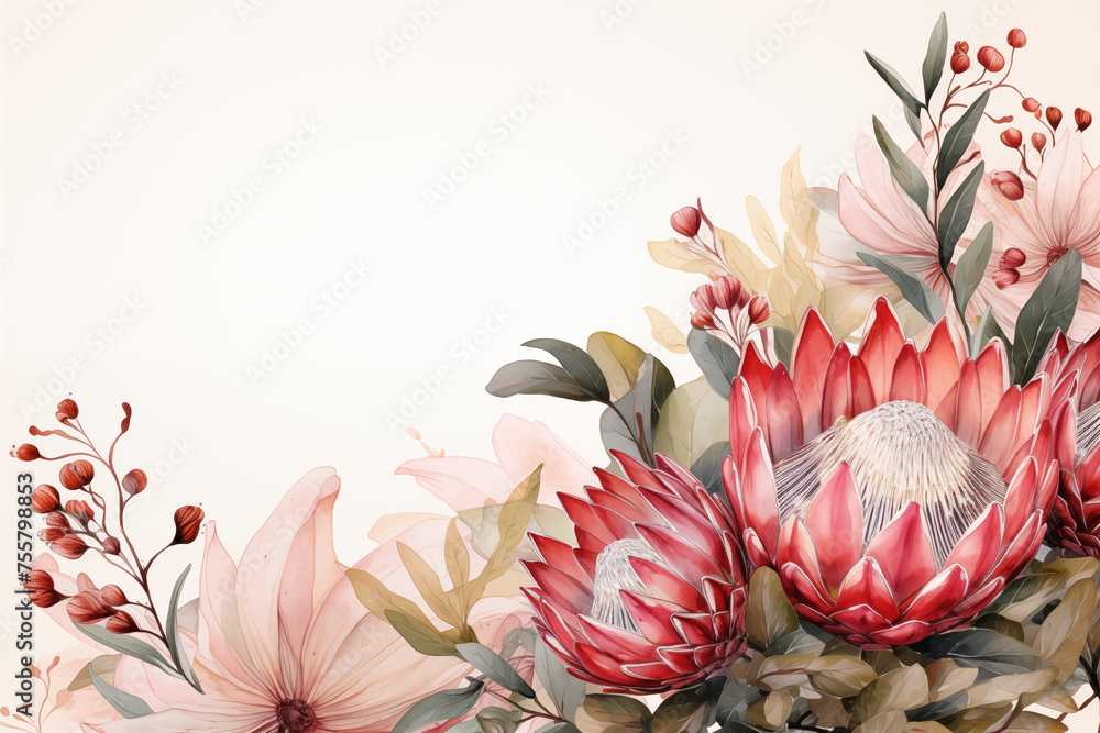 King protea flowers painting on white background for wedding invitation ...