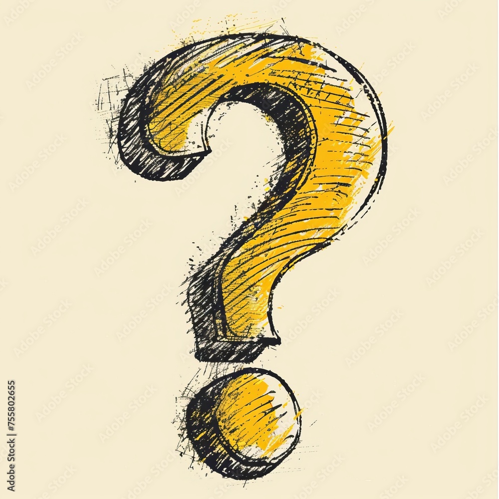 Yellow Drawing of Question Mark; hand drawn with contour lines on beige ...