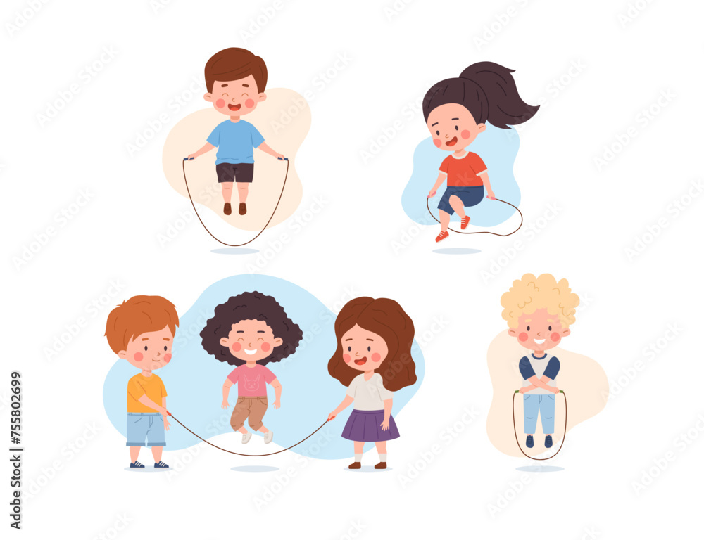 Kids jumping rope, set of cartoon vector illustration isolated on white ...