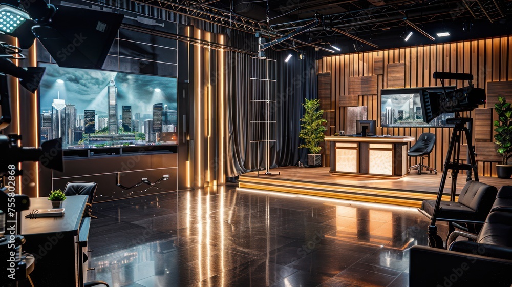 tv studio with a video wall as a background on one side and a tv screen ...