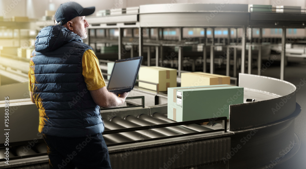 Man near production line. Conveyor with boxes. Businessman inside ...