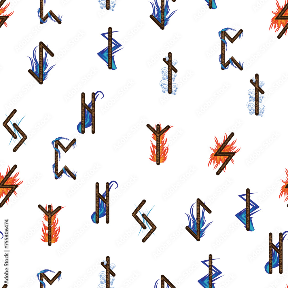 Hand drawn runic letters seamless pattern with elemental symbols. Magic ...