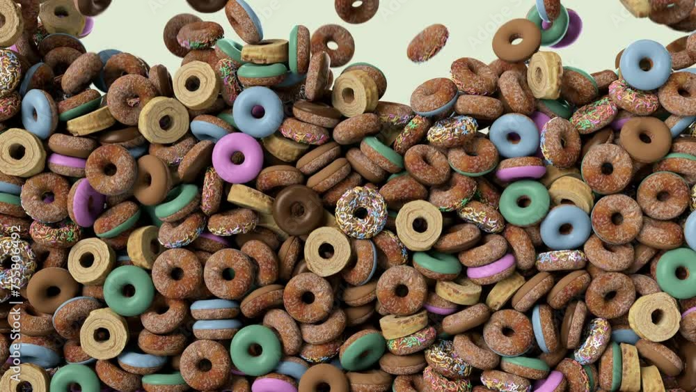 Donuts of different colors falling down. Tasty donuts drooping and ...