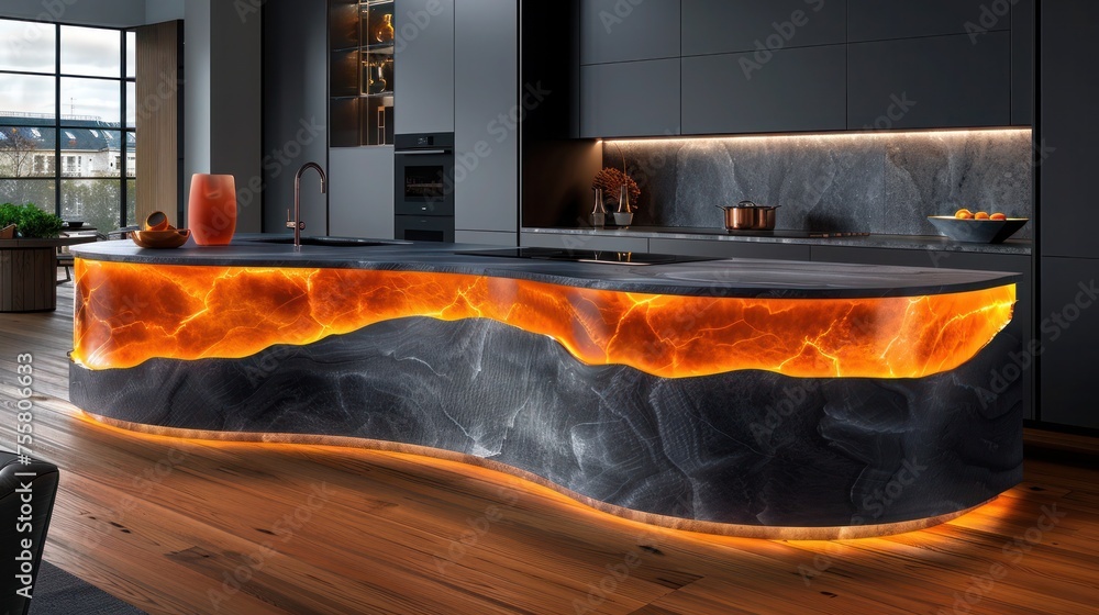 Modern kitchen with a striking island counter. Curved design ...