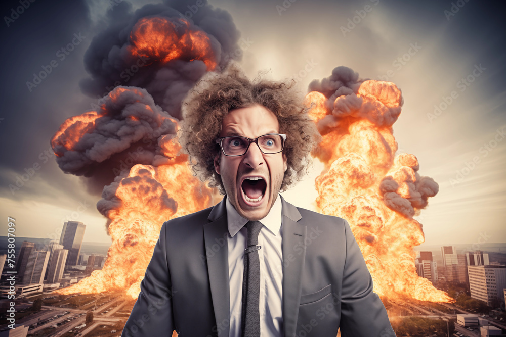 Wide-eyed man in suit with exaggerated shocked expression, massive ...