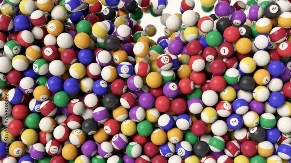Pool balls falling down. Billard pool balls drooping and stacking. Many ...