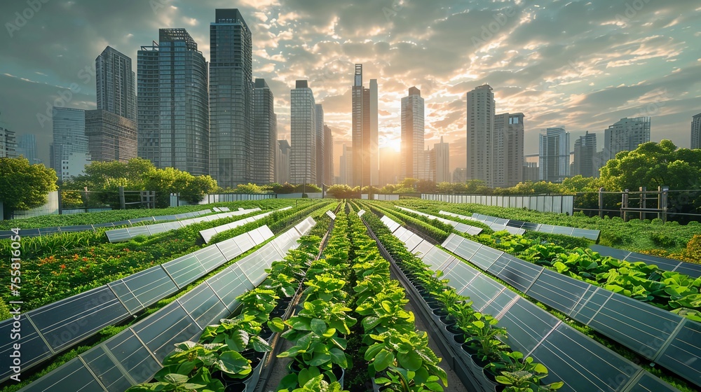 Urban Skyline Overlooking A Rooftop Agricultural Greenhouse With Solar ...