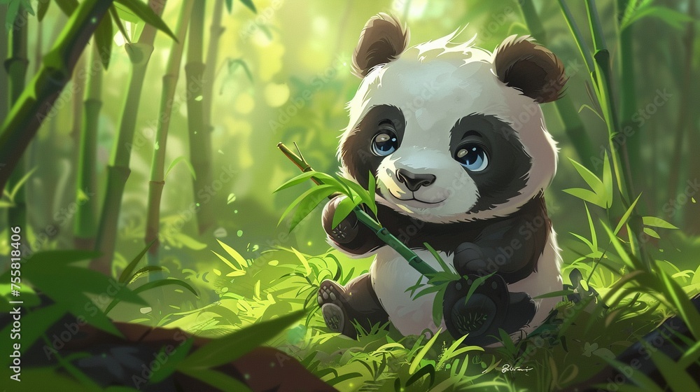 Chibi Art of A cute panda cub playfully rolling a bamboo shoot like a ...