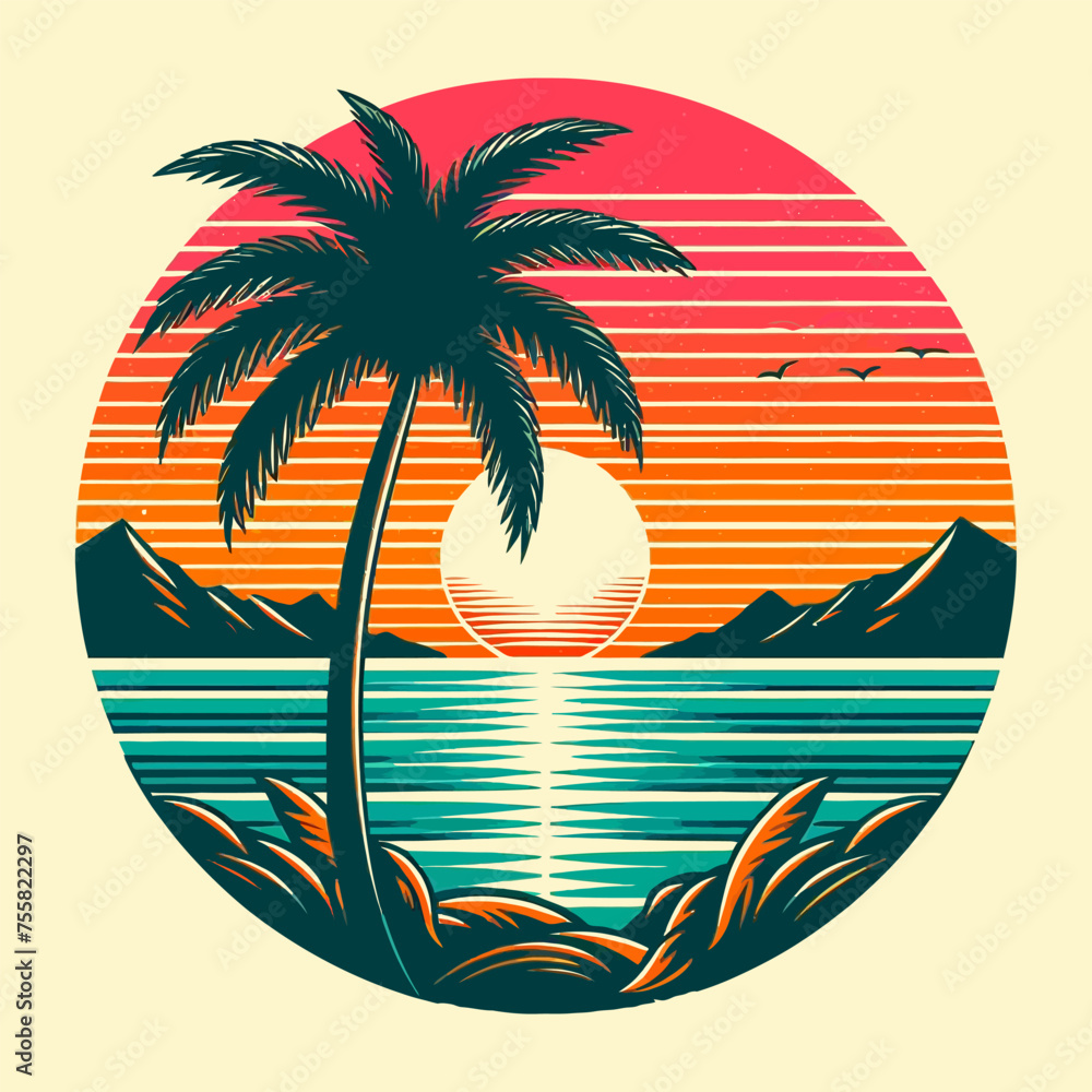 Set of retro sunsets in 80s and 90s style. Abstract sun at beach ...