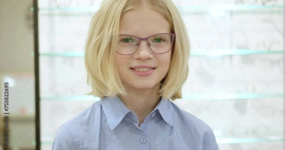 portrait happy little girl patient ophthalmology clinic, cheerful child ...