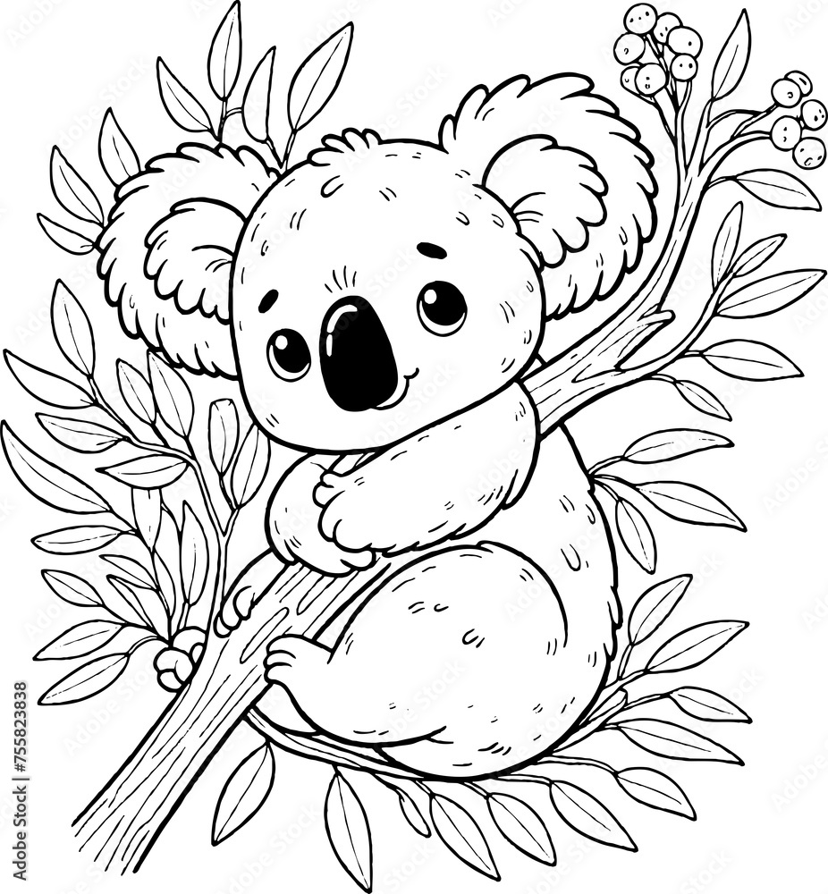 Koala sur une branche d'arbre avec feuilles, personnage animal a ...