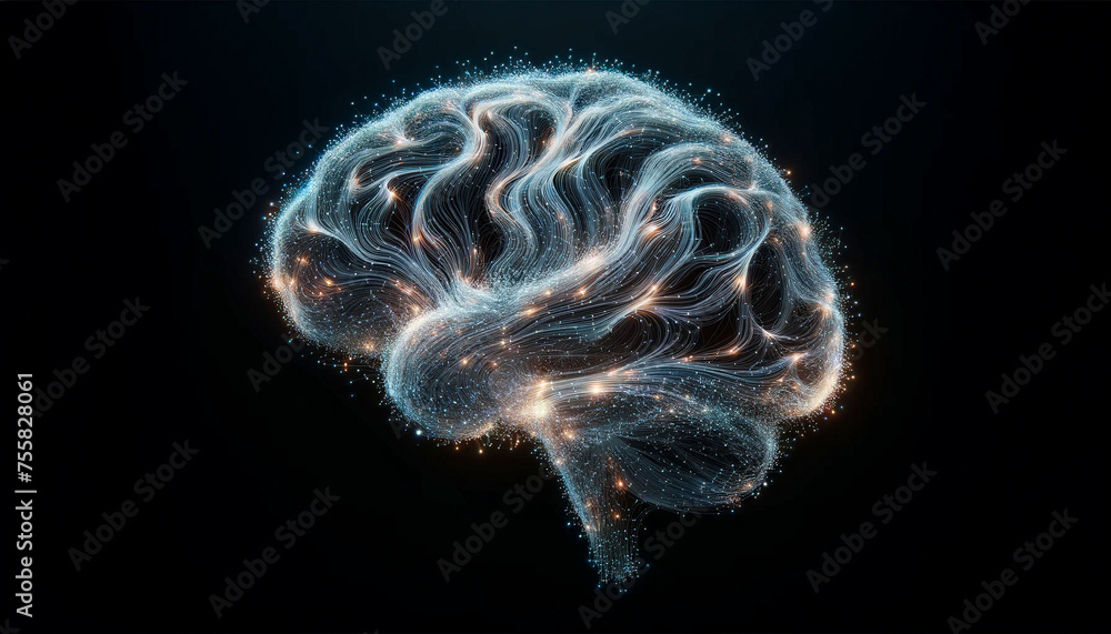 Abstract human brain neural network by colorful light particles flowing ...