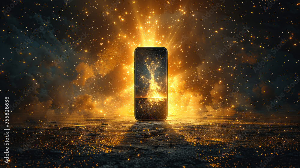 simple white outline logo of a mobile phone with light lines encircling ...