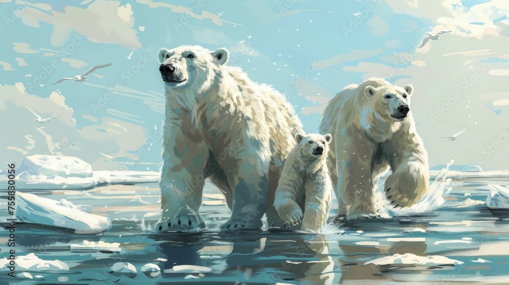 A family of polar bears exploring the shrinking ice caps, teaching ...