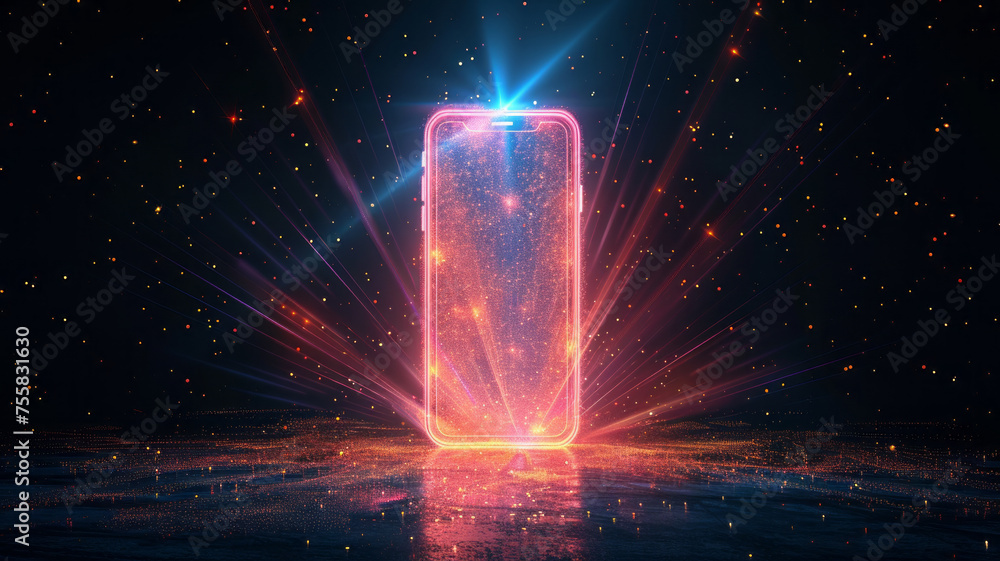 simple white outline logo of a mobile phone with light lines encircling ...