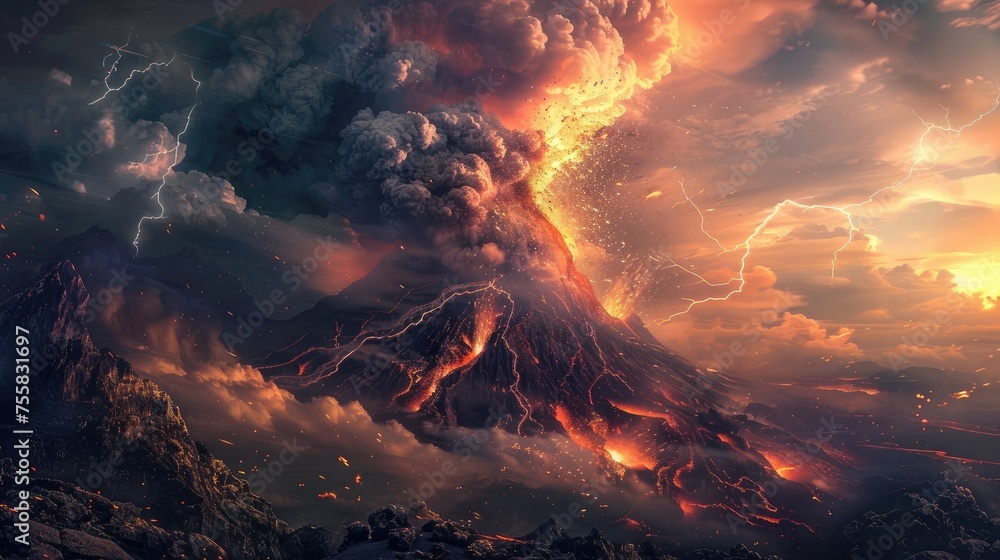 lightning erupting from a volcano with smoke and a hazy sky Stock Photo ...